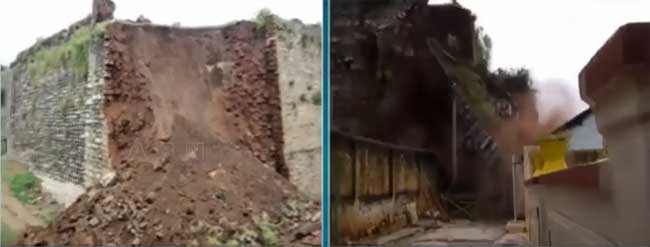 కూలిన కోట గోడ.. నాలుగు ఇళ్లులు ధ్వంసం | Collapsed Fort Wall